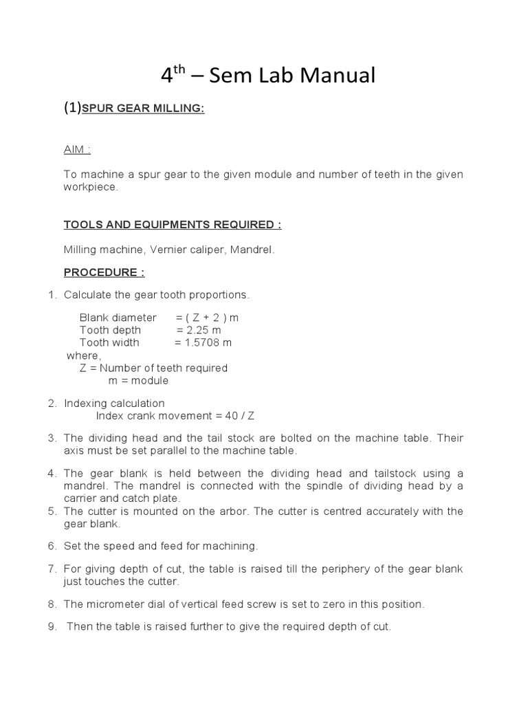 4 - Sem Lab Manual: Spur Gear Milling | PDF | Gear | Machining