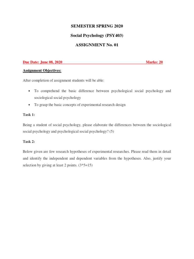 Semester Spring 2020 Social Psychology (PSY403) Assignment No. 01 | PDF | Social Psychology ...