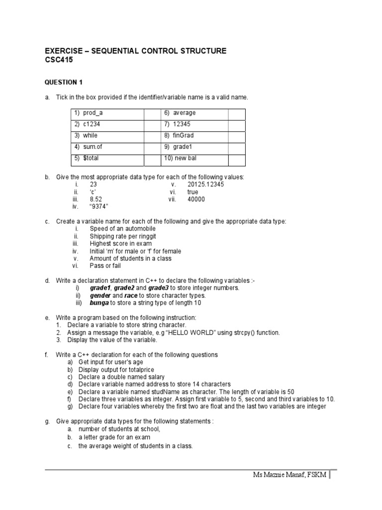 Exercise Sequential Control Structure Pdf Variable Computer
