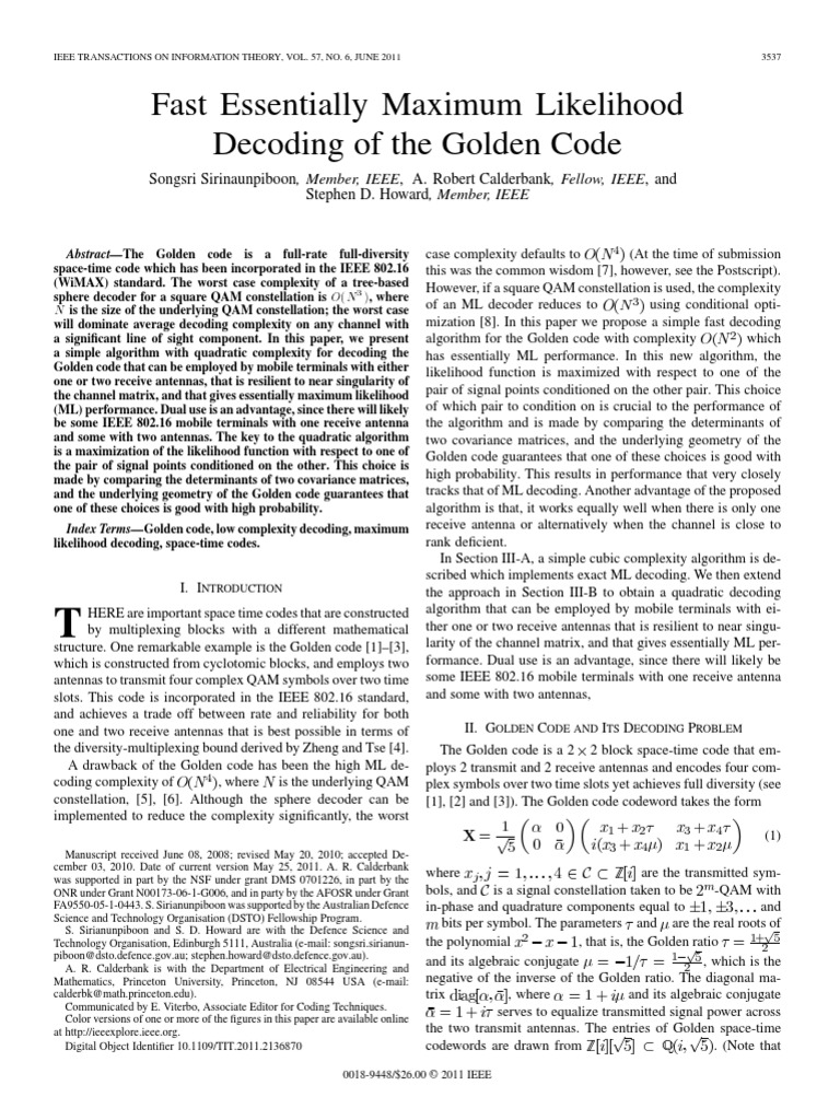 Fast Essentially Maximum Likelihood Decoding of The Golden Code | PDF | Matrix (Mathematics ...