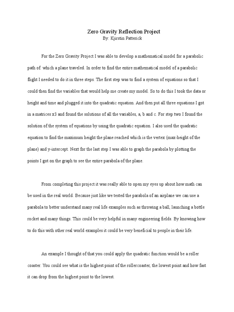Math 1010 - Zero Gravity Reflection Project | PDF | Quadratic Equation | Teaching Mathematics