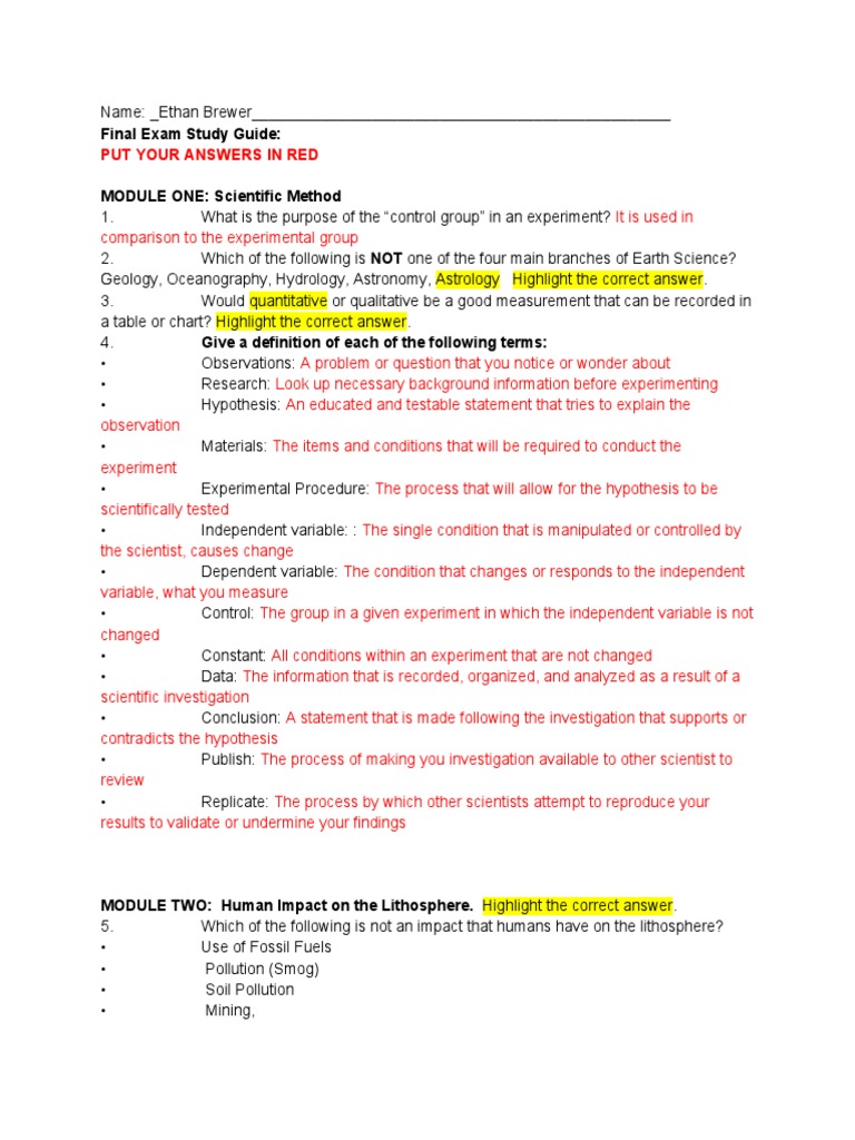 Earth Science Final Exam Study Guide | PDF | Experiment | Fuels