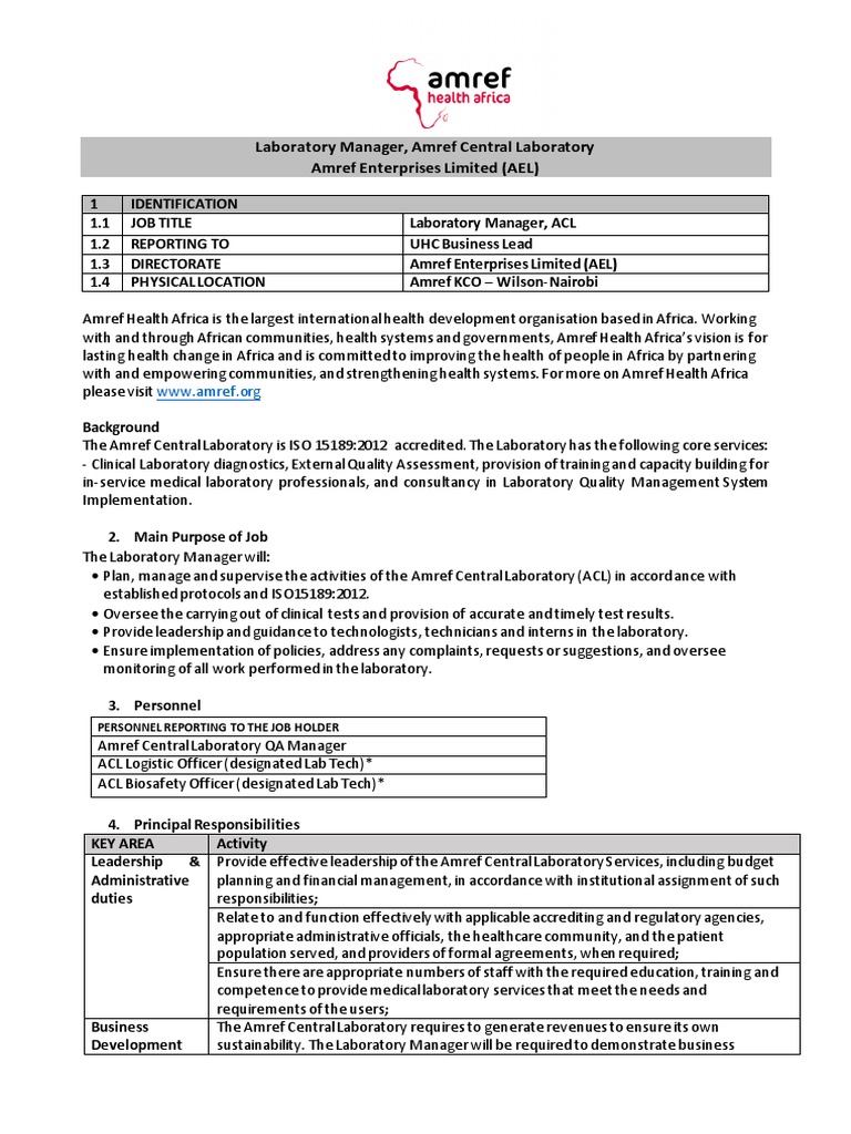 Laboratory Manager, Amref Central Laboratory Amref Enterprises Limited ...