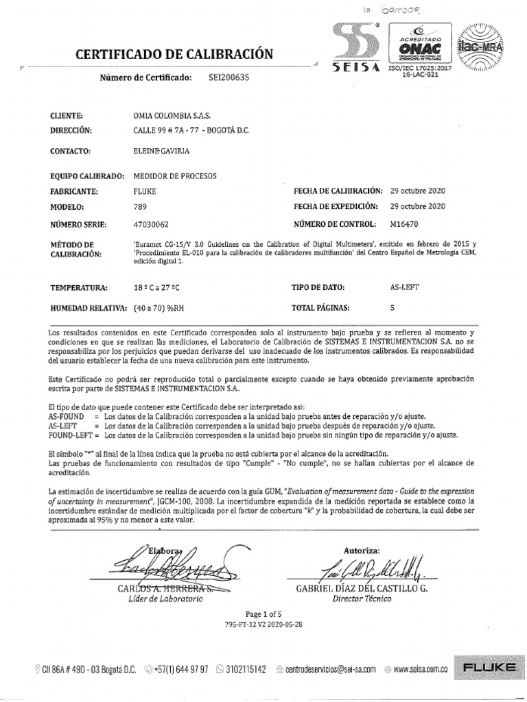 Certificado Calibracion MEDIDOR DE PROCESOS-MULTIMETRO FLUKE | PDF