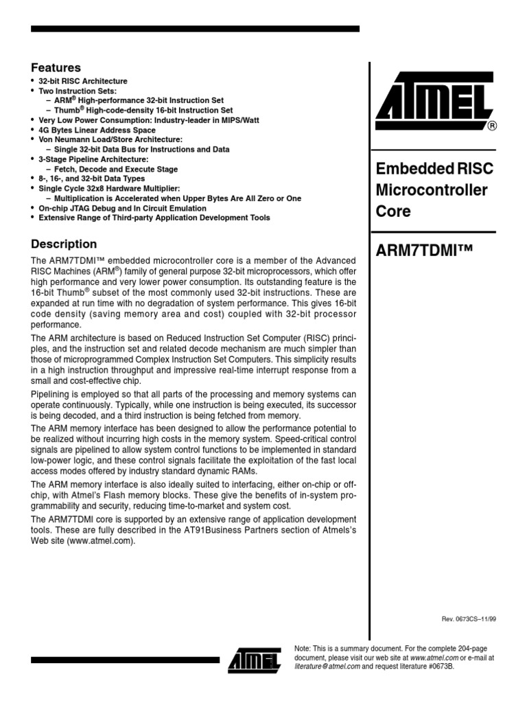 Embedded RISC Microcontroller Core Arm7Tdmi™: Features | PDF | Arm Architecture | Central ...