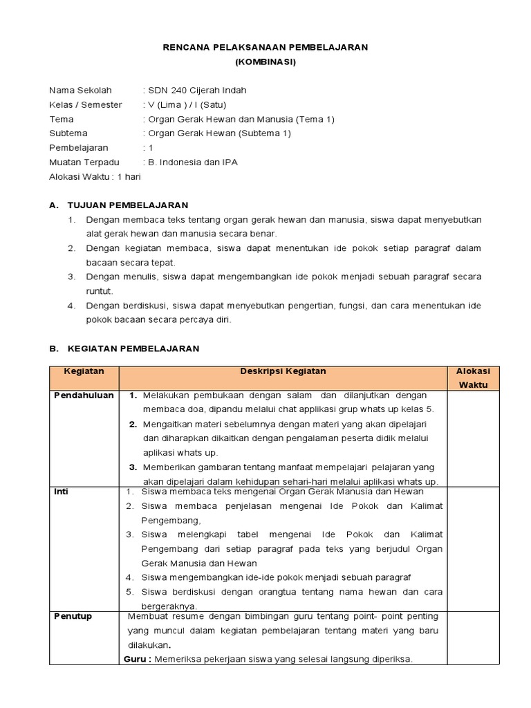 RPP Daring Kelas 5 Tema 1 | PDF