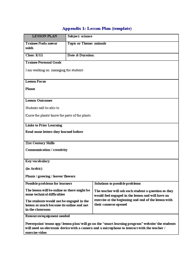 Appendix 1: Lesson Plan (Template) : I Am Working On: Managing The ...