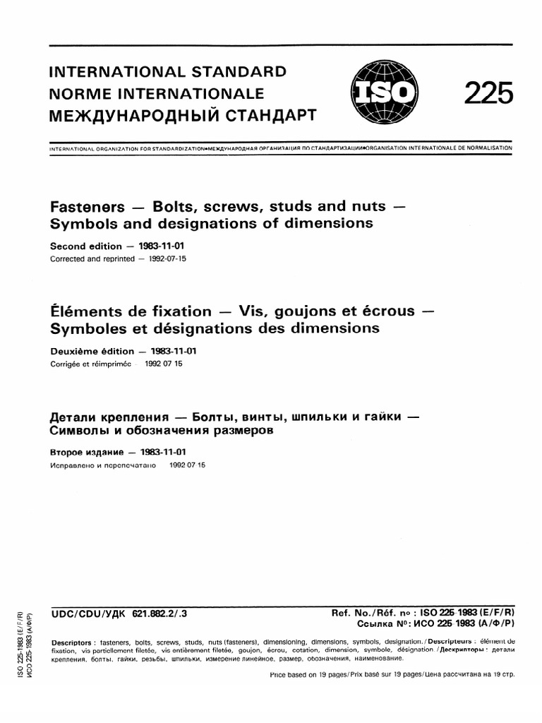 Fasteners Dimensions Symbols ISO 225 | PDF | Screw | Joining