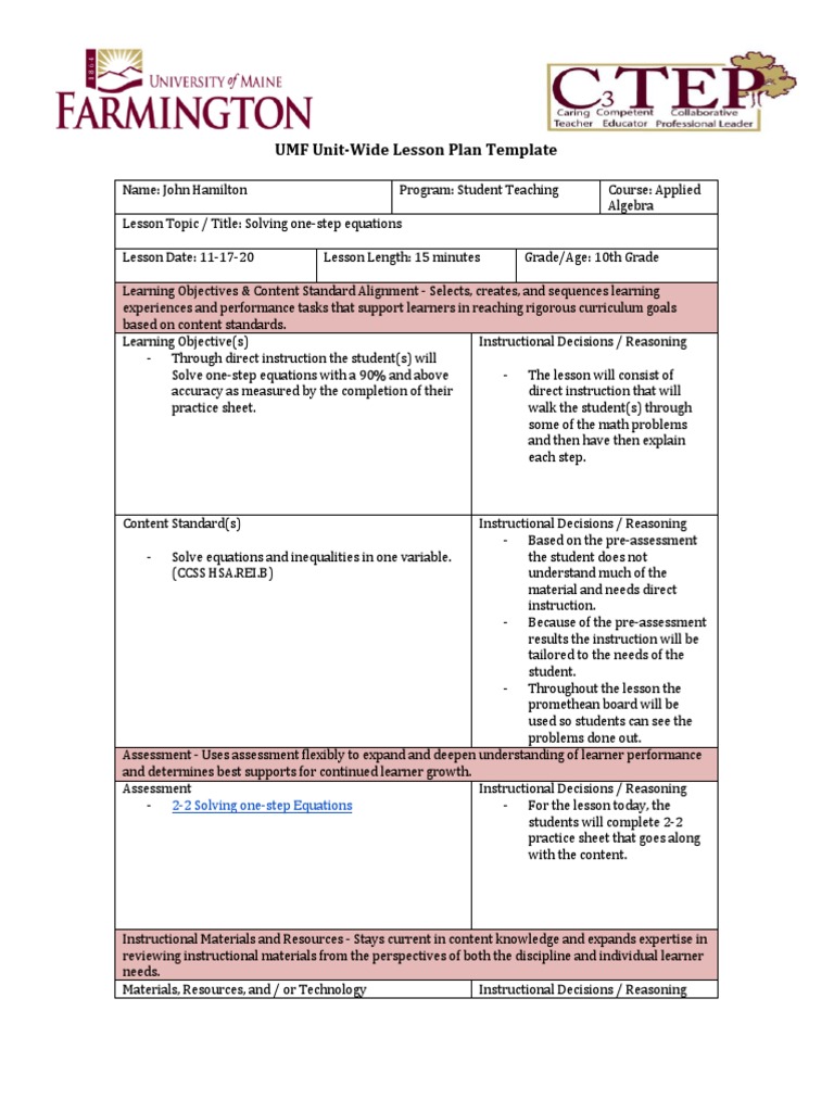 UMF Unit-Wide Lesson Plan Template: 2-2 Solving One-Step Equations ...