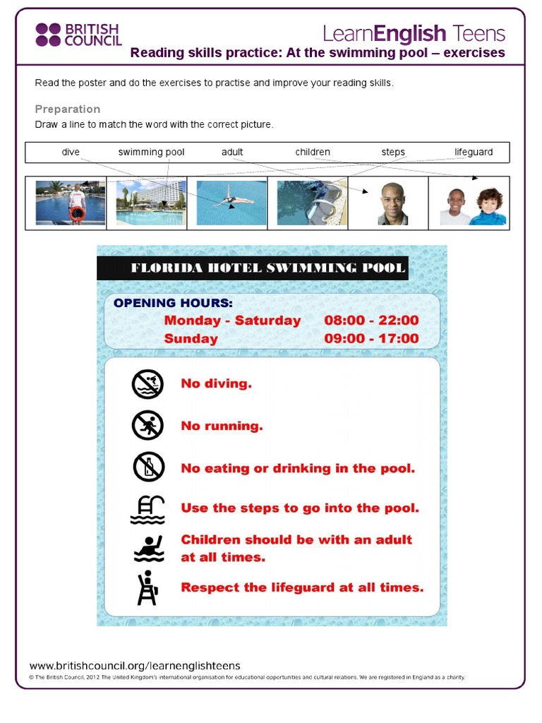 Reading Skills Practice: at The Swimming Pool - Exercises: Preparation ...