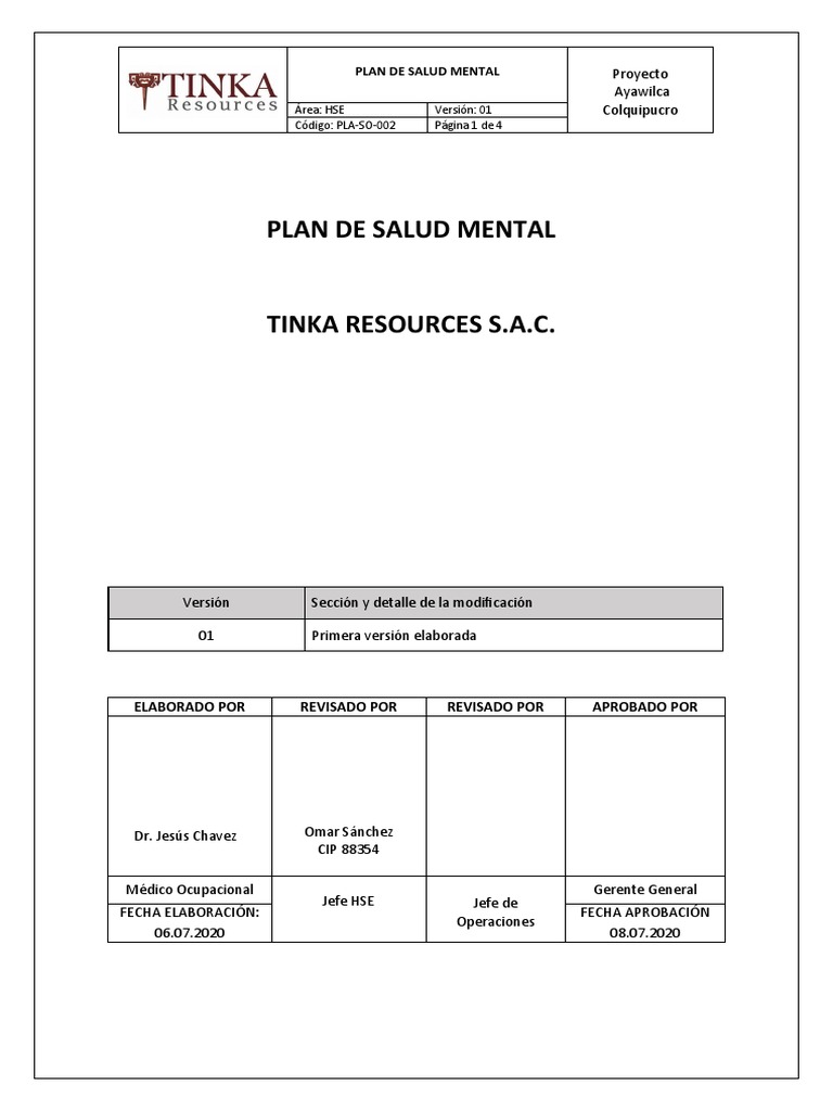 Plan Salud Mental TINKA Resources | PDF | Salud mental | Medicina CLINICA