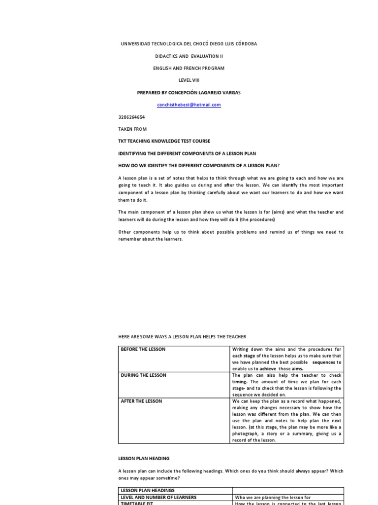 Identifying The Different Components of A Lesson Plan | PDF | Lesson ...