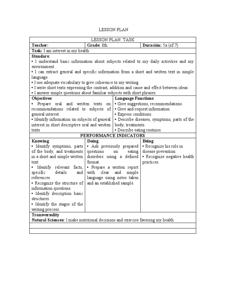 8th Grade Health Lesson Plan | PDF