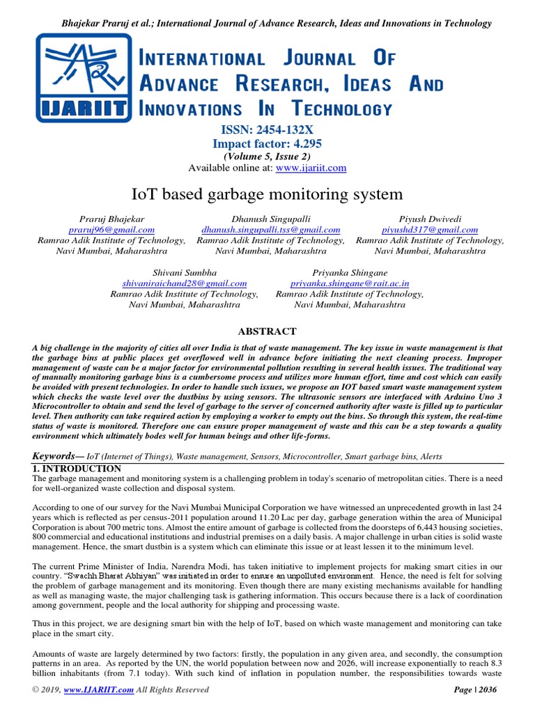 Iot Based Garbage Monitoring System: Issn: 2454-132X Impact Factor: 4. ...