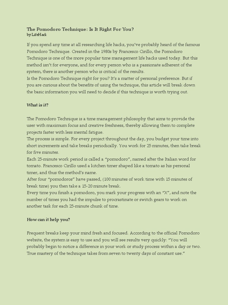 The Pomodoro Technique (Time Management) | PDF | Time Management ...