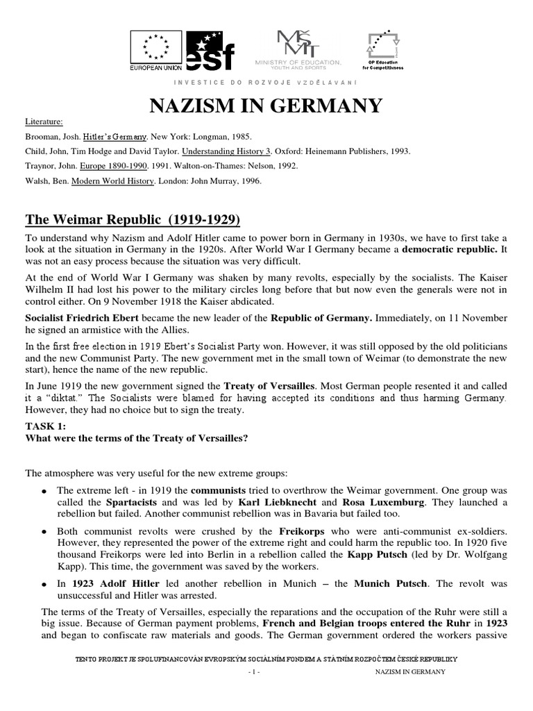 Nazism in Germany: The Weimar Republic (1919-1929) | PDF | Weimar ...