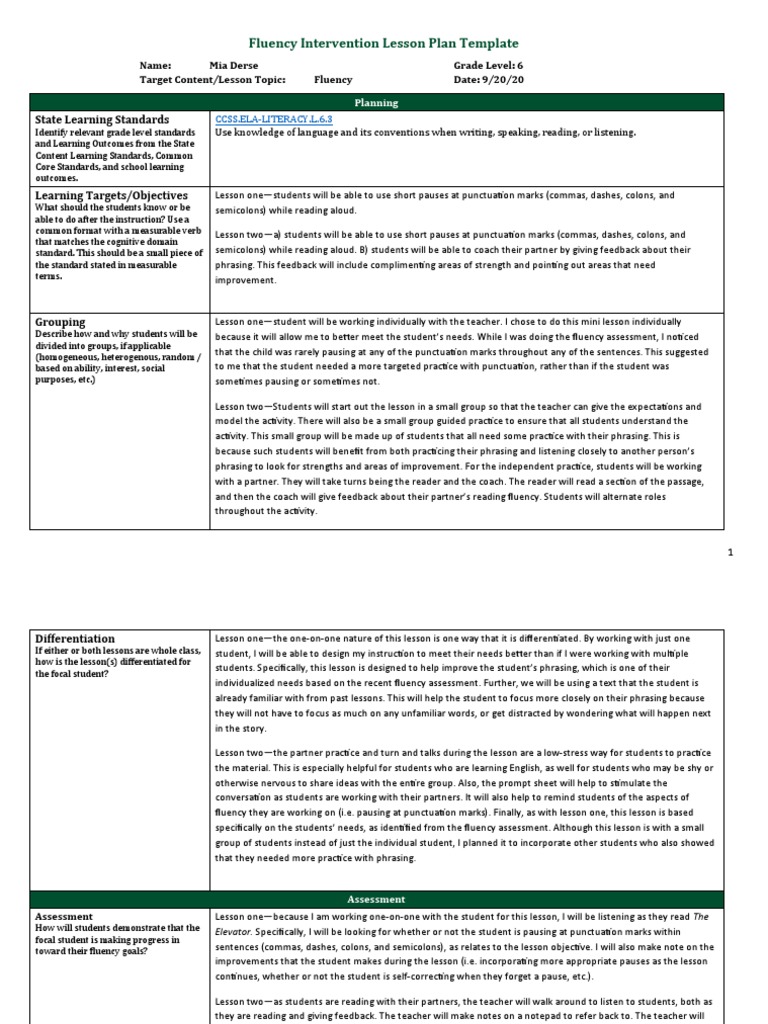 Fluency Intervention Lesson Plan Template: State Learning Standards ...