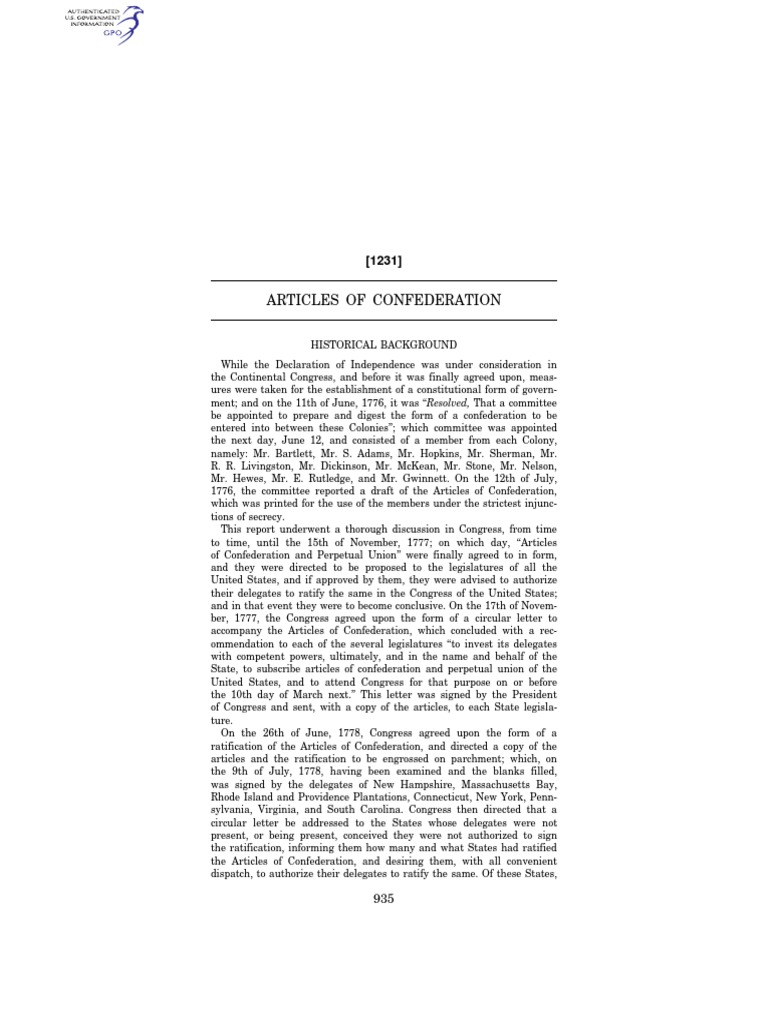 Articles of Confederation History | PDF | American Government | United ...