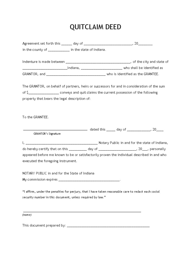 Indiana Quit Claim Deed Form | PDF