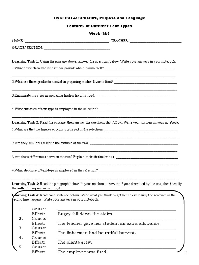 ENGLISH 4 WEEK 4 & 5 Answer Sheet | PDF | Communication | Learning