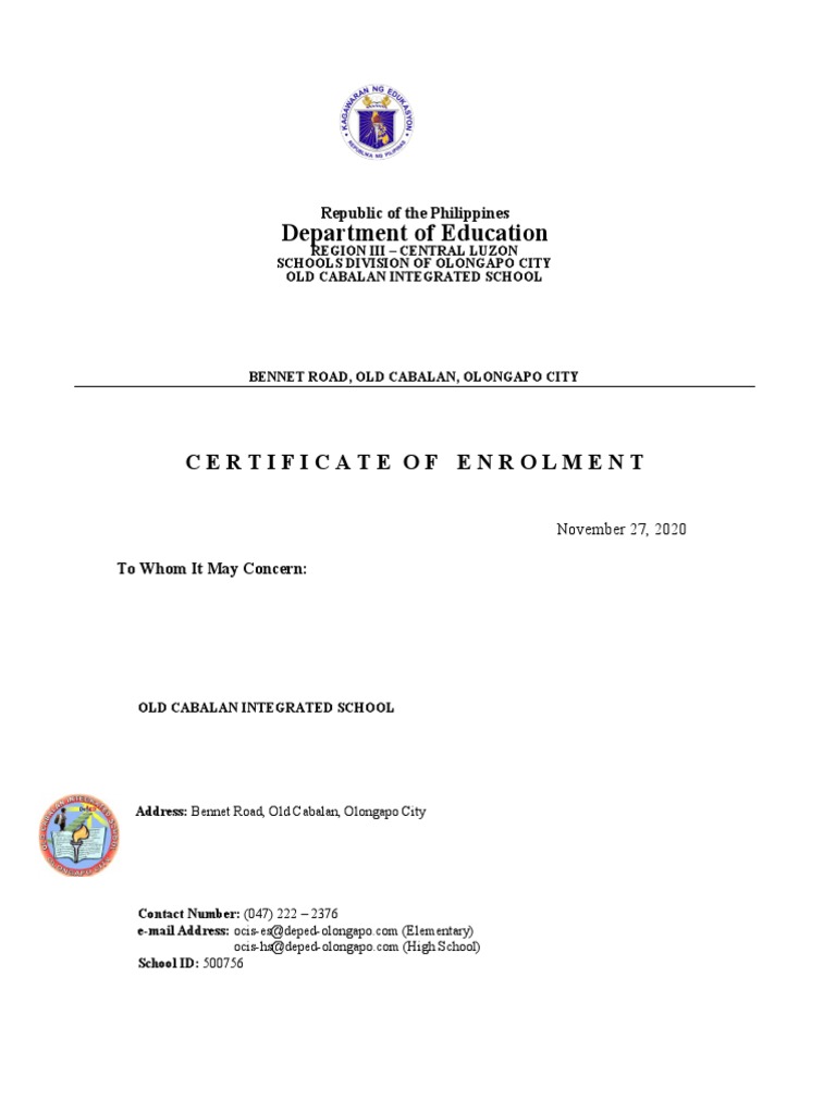 Department of Education: Certificateof Enrolment | PDF