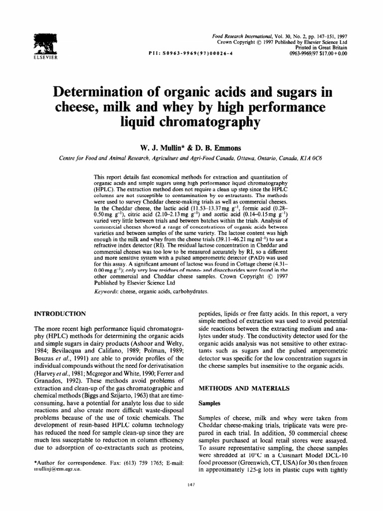 Determination of Organic Acids and Sugars in Cheese, Milk and Whey by ...