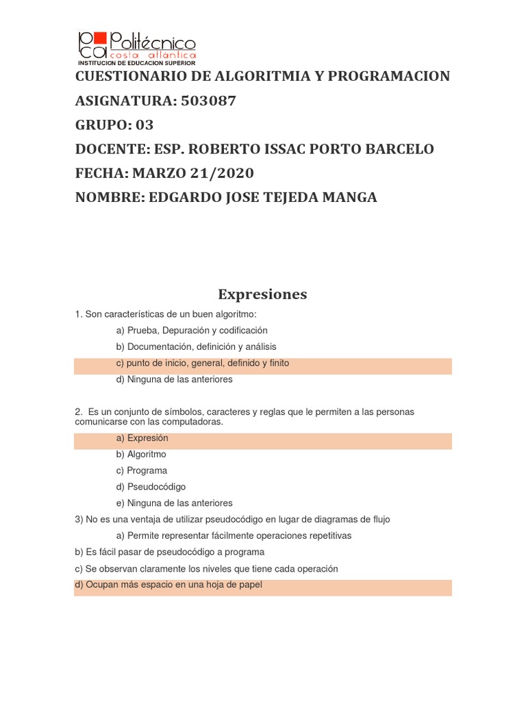 Cuestionario de Algoritmia y Programacion | PDF | Algoritmos | Programación de computadoras