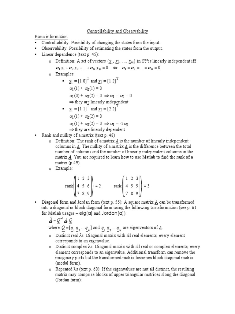 Controllability and Observability Explained | PDF | Matrix (Mathematics ...