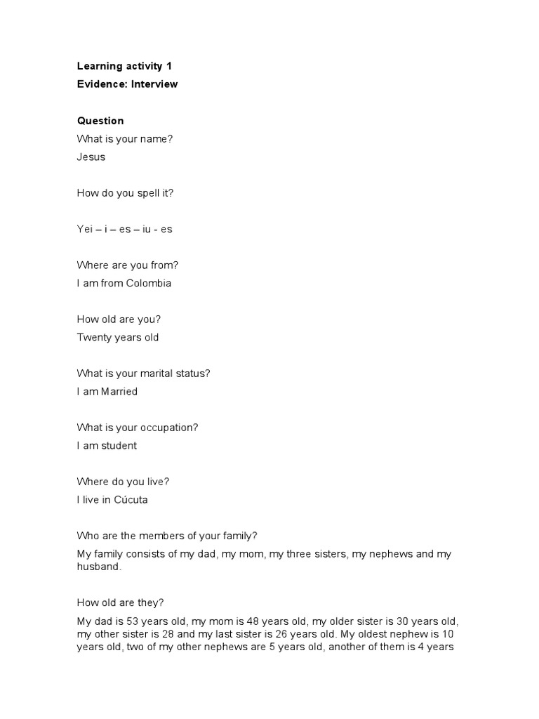 Learning Activity 1 Evidence: Interview | PDF | Lifestyle