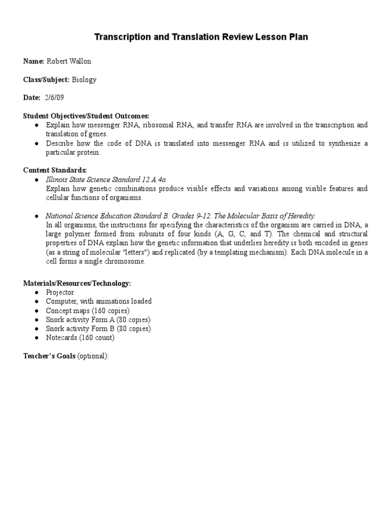 Transcription and Translation Review Lesson Plan | PDF | Translation ...