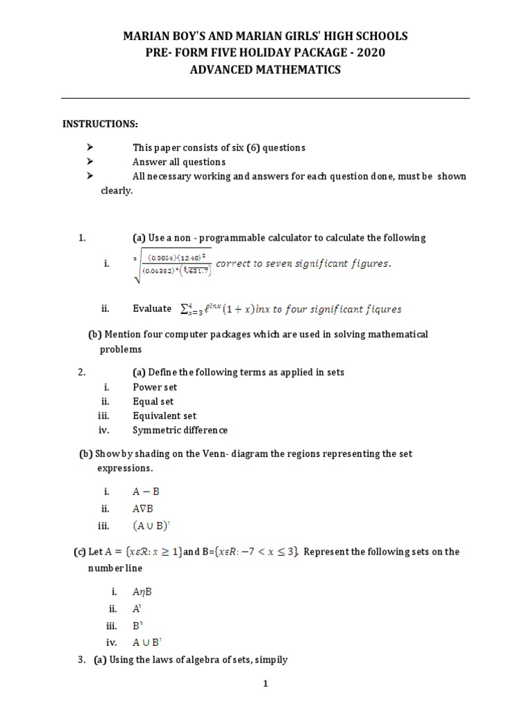 Marian Boy'S and Marian Girls' High Schools Pre-Form Five Holiday ...