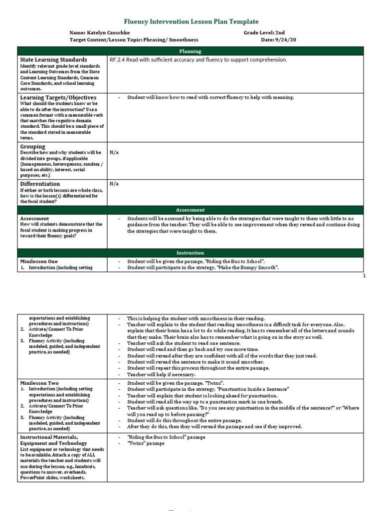 Fluency Intervention Lesson Plan Template: State Learning Standards ...