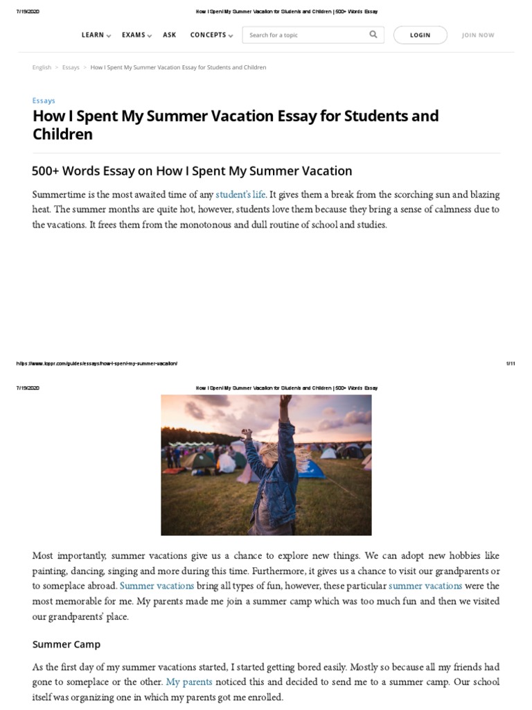 My Memorable Summer Vacation Essay | PDF | Test/Examination