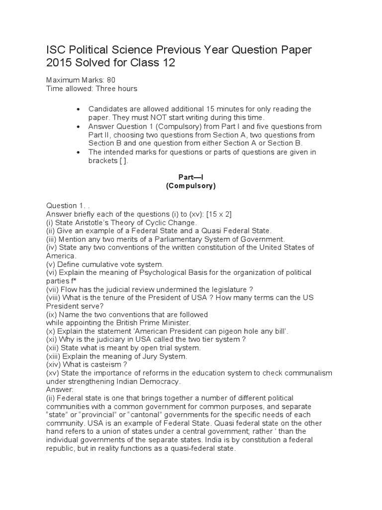 ISC Political Science Previous Year Question Paper 2015 Solved For ... ISC Political Science Previous Year Question Paper 2015 Solved For ...