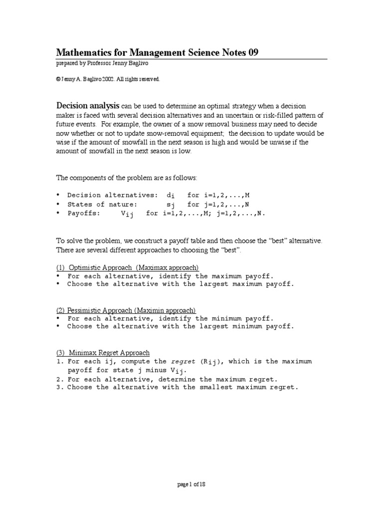 Mathematics For Management Science Notes 09: Decision Analysis | PDF ...