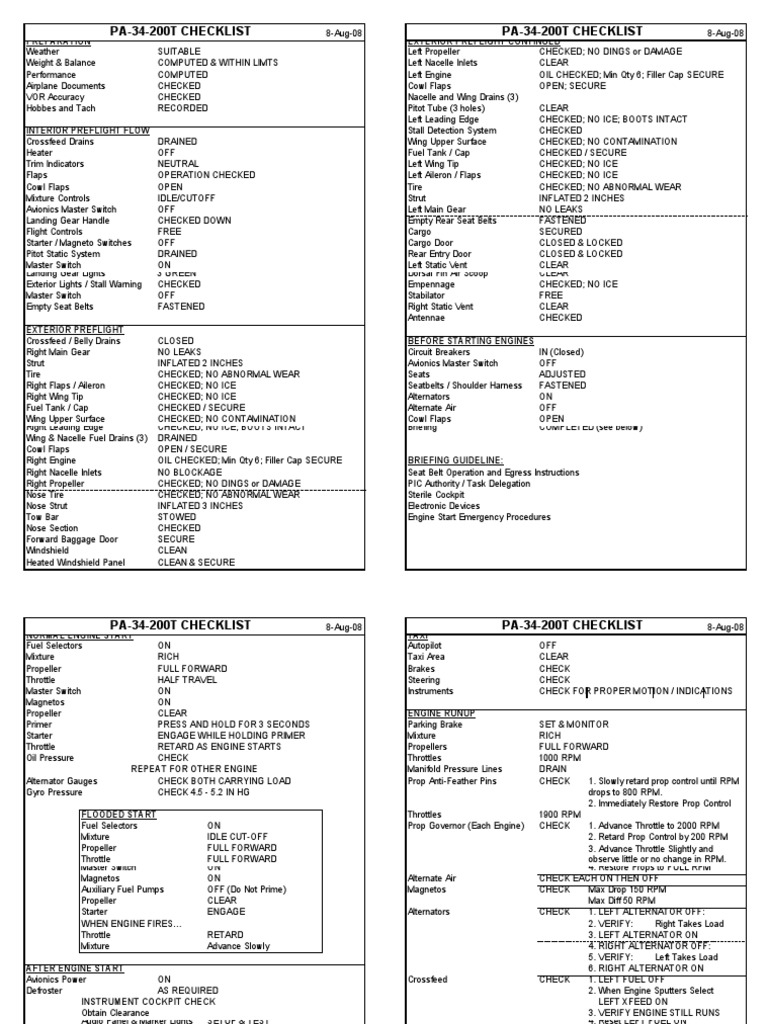 PA-34-200T CHECKLIST PA-34-200T CHECKLIST: Preparation Exterior ...