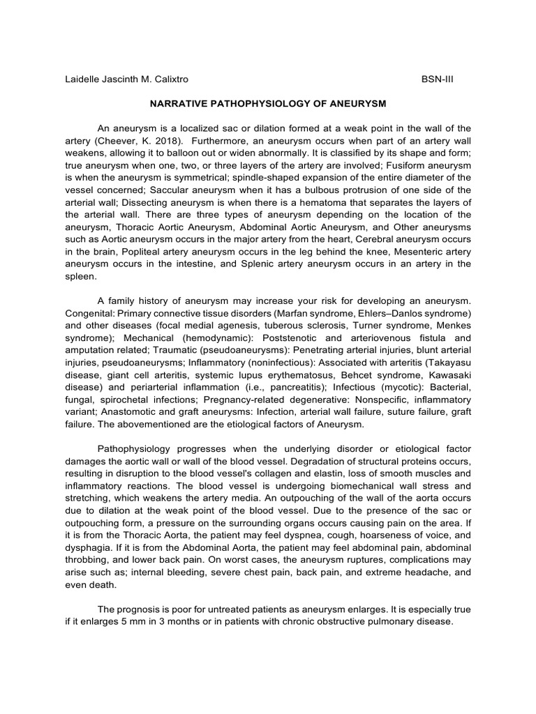 Narrative Pathophysiology of Aneurysm | PDF | Aorta | Diseases And ...