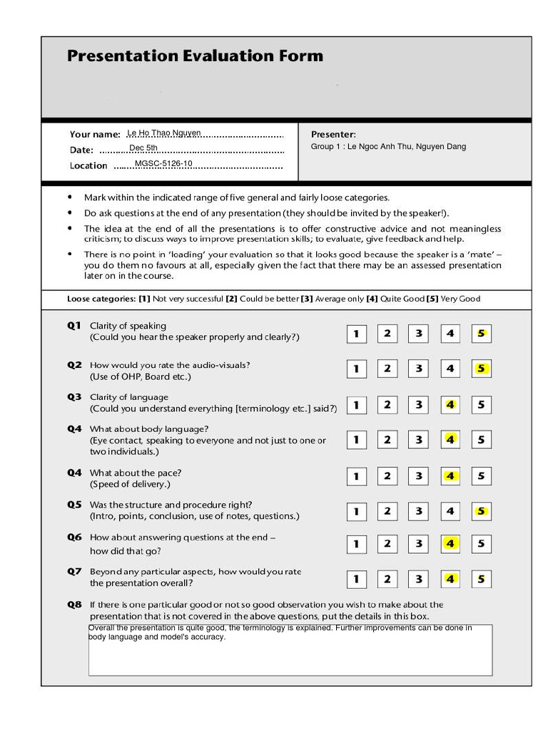 Presentation-Evaluation-Form-Group 1 Le Ngoc Anh Thu Nguyen Dang | PDF