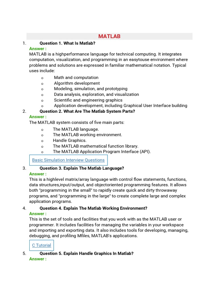 Matlab: Question 1. What Is Matlab? | PDF | Matlab | Computer Programming