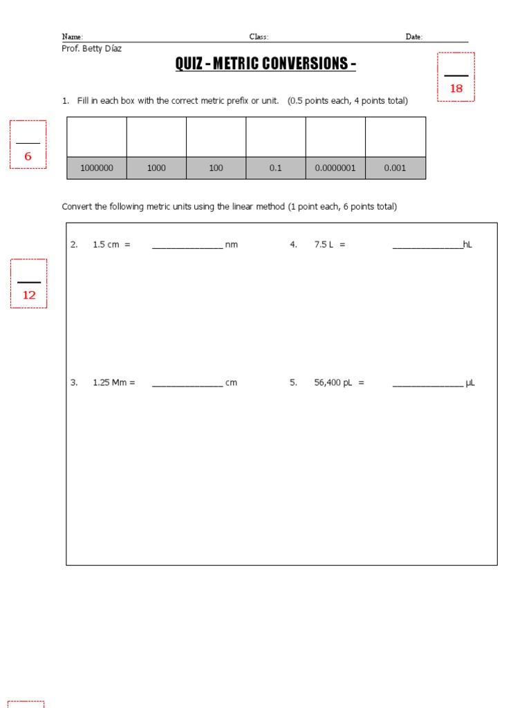 Quiz - Metric Conversions - : Name: Class: Date | PDF | Gallon | Ounce