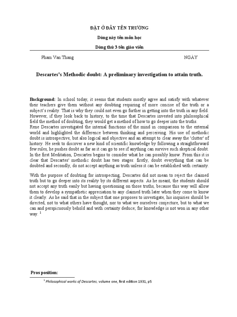 Descartes's Methodic Doubt: A Preliminary Investigation To Attain Truth ...