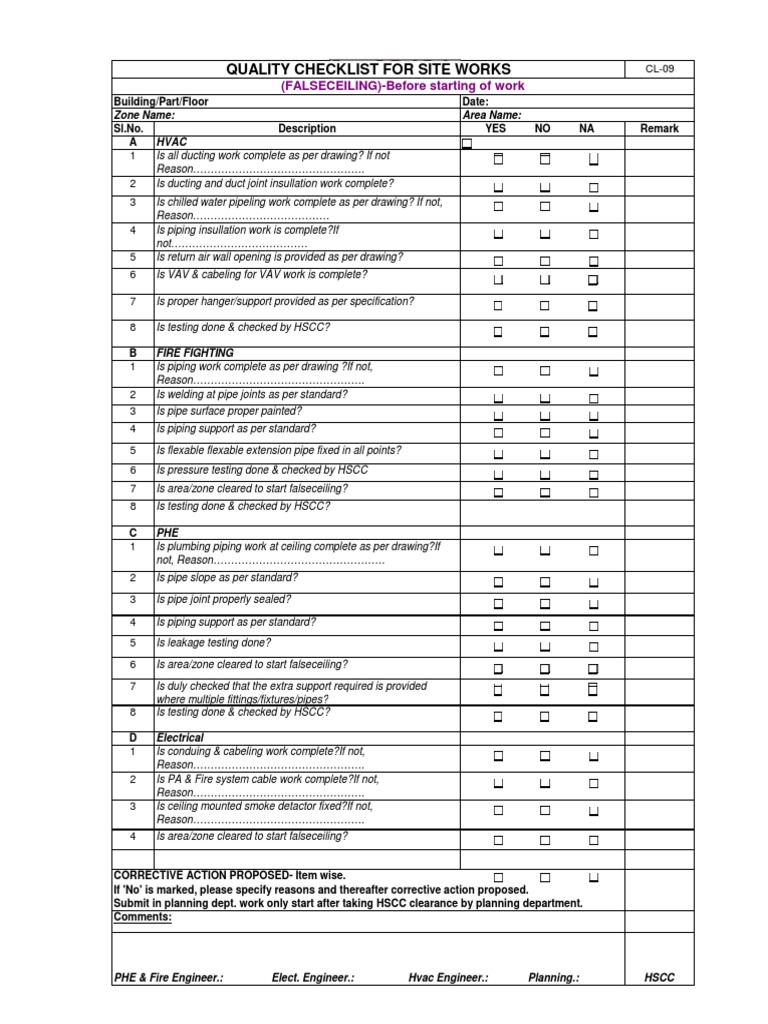 Checklist MEP Work Before Falseceiling | PDF | Duct (Flow) | Pipe ...