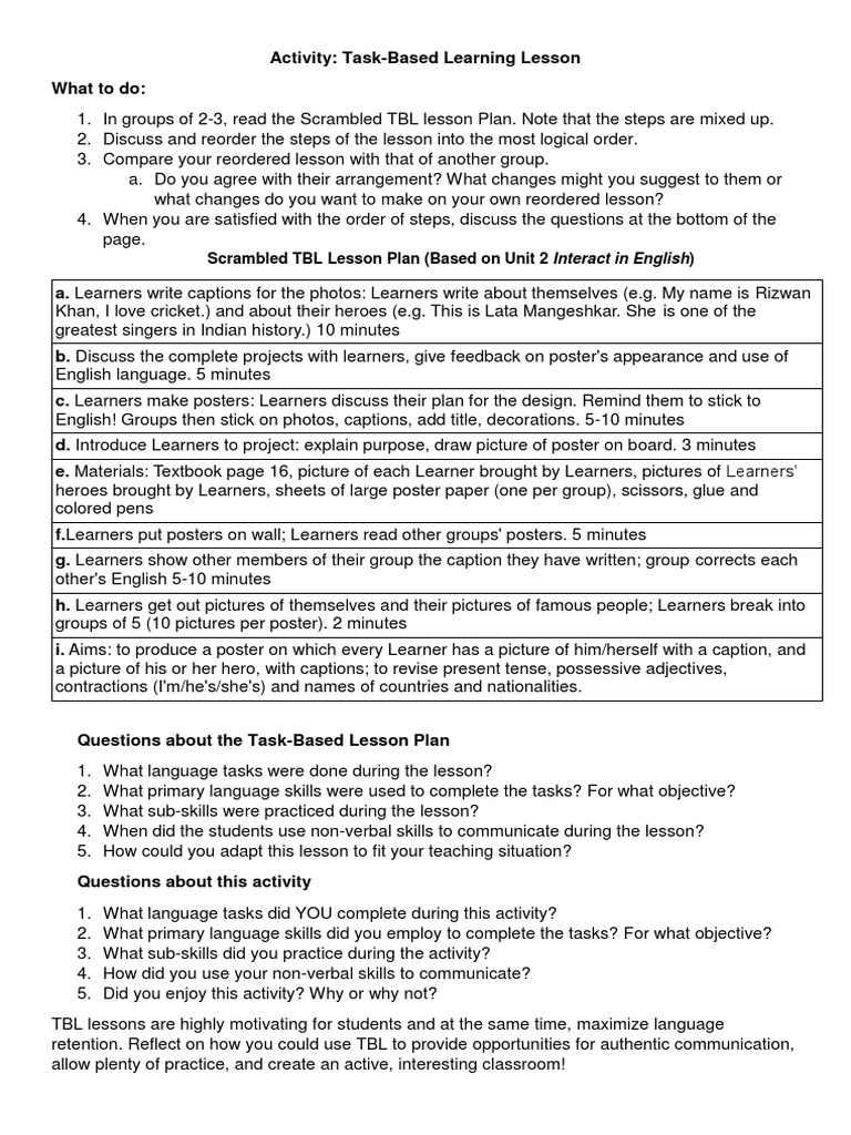 Scrambled TBL Lesson Plan (Based On Unit 2 Interact in English) | PDF ...