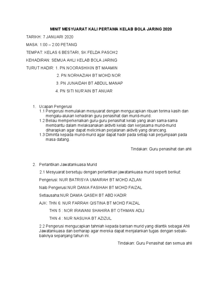 Minit Mesyuarat Kali Pertama Kelab Bola Jaring | PDF
