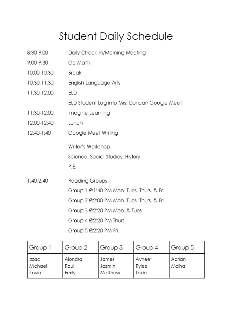 Student Daily Schedule