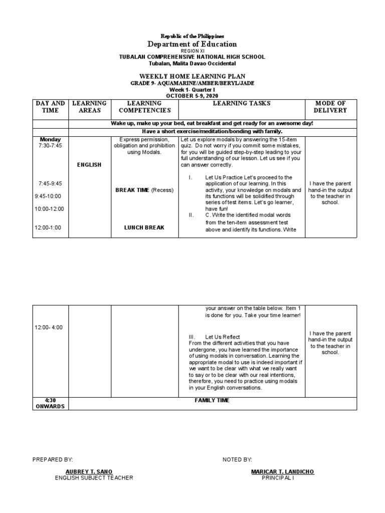 Department of Education: Weekly Home Learning Plan | PDF | Learning ...