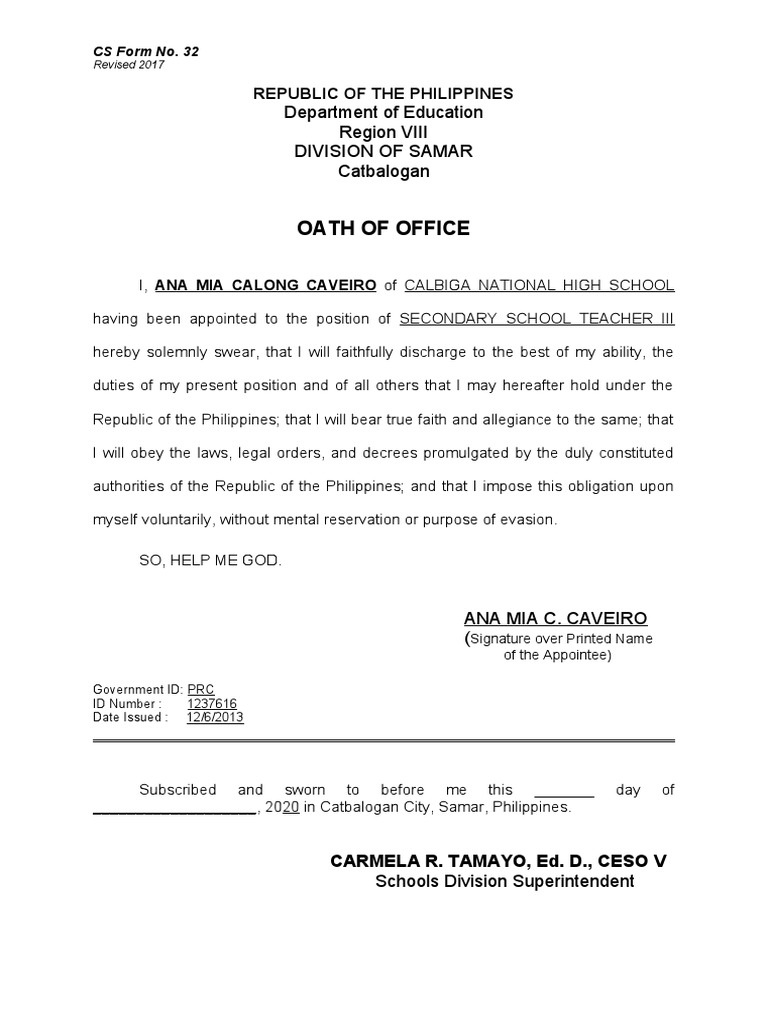CS Form No. 32 Oath of Office | PDF
