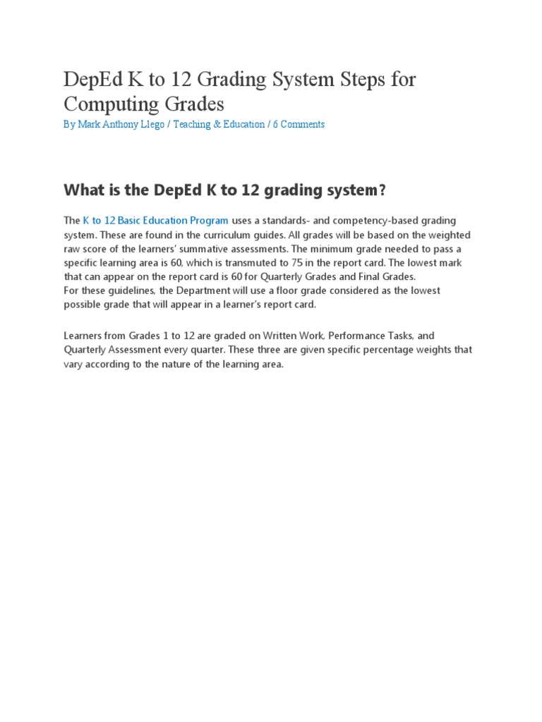 DepEd K To 12 Grading System Steps For Computing Grades | PDF