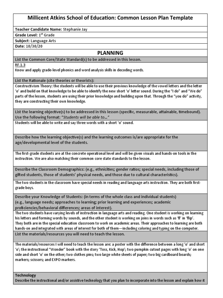 Millicent Atkins School of Education: Common Lesson Plan Template | PDF ...