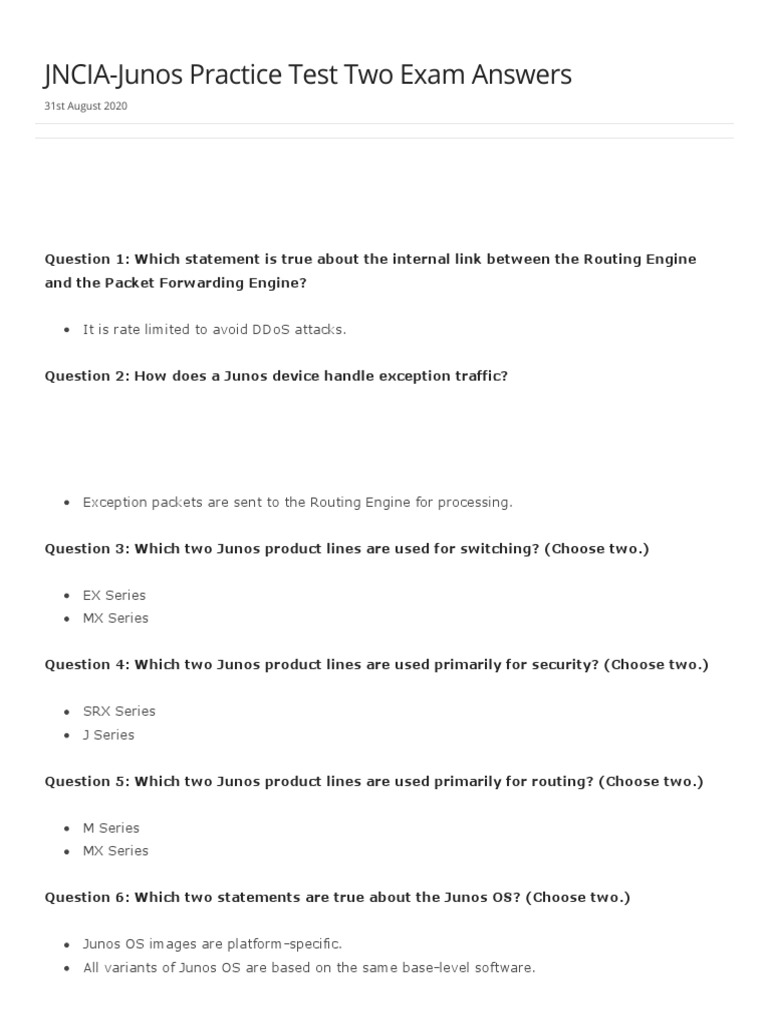 JNCIA-Junos Practice Test Two Exam Answers | PDF | Routing | Internet ...